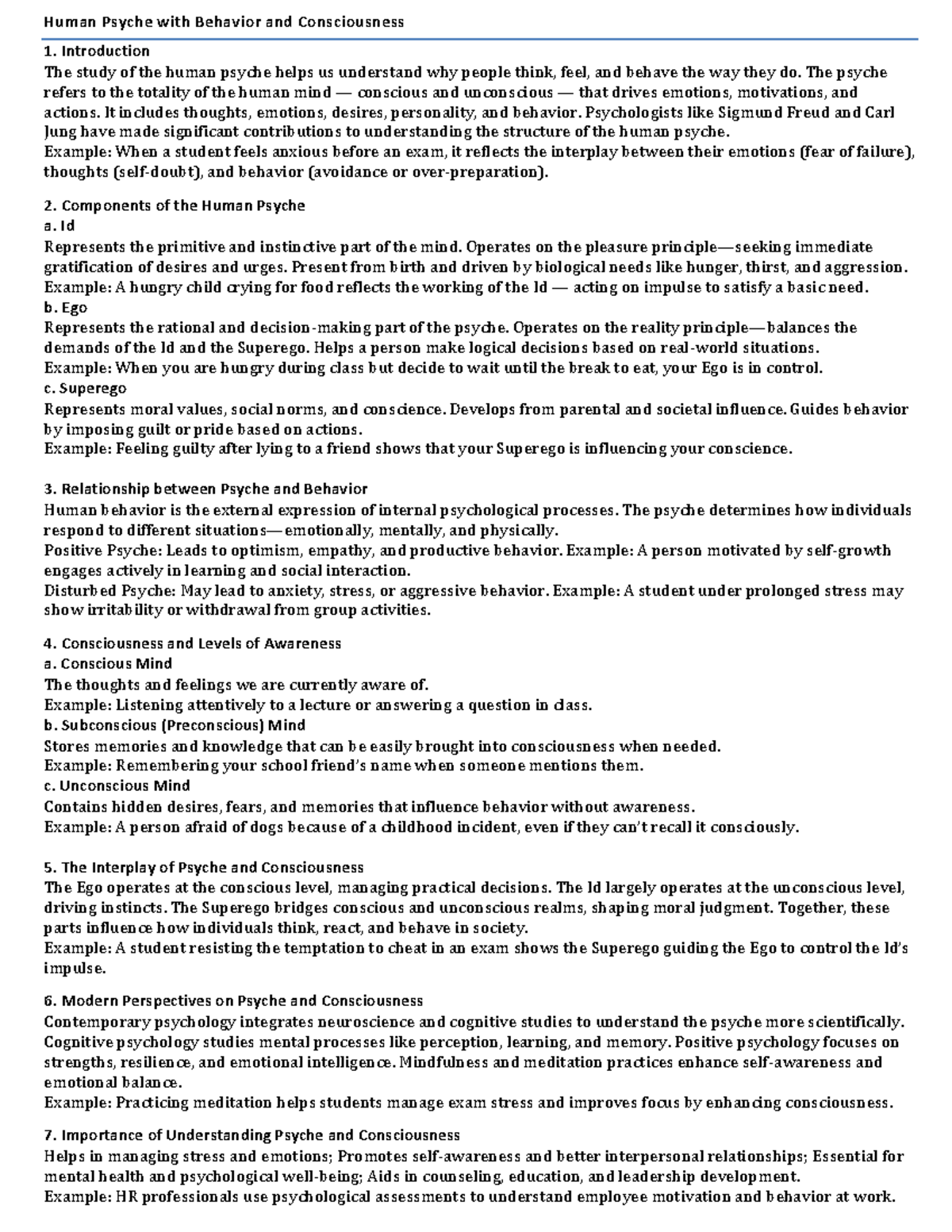 Human Psyche, Behavior & Consciousness: Lecture Notes - Studocu