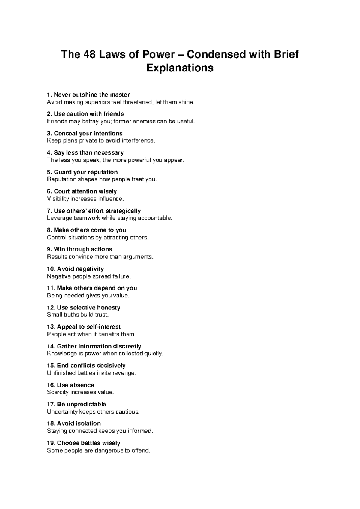 48 Laws of Power (Condensed) with Brief Explanations - Studocu
