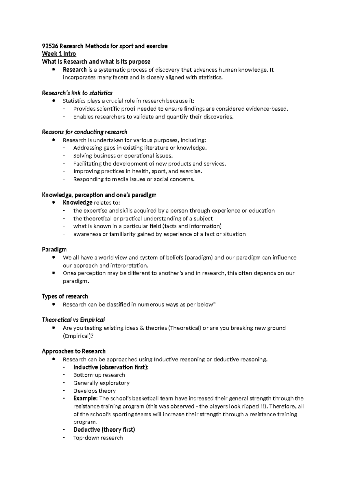92536 Research Methods for Sport and Exercise: Week 1 Overview - Studocu