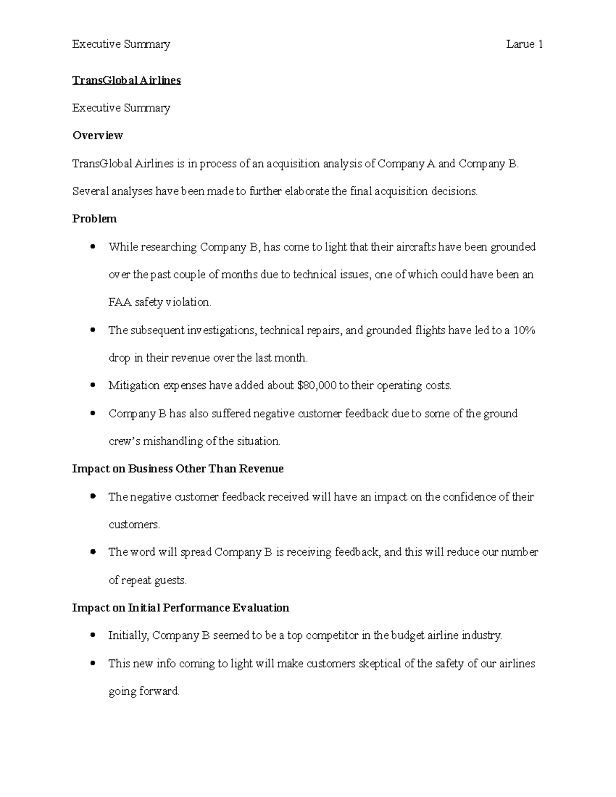 MBA 620 Module 8 Executive Summary - Executive Summary TransGlobal Airlines Executive Summary ...
