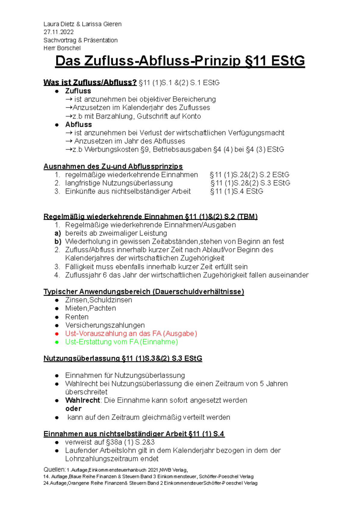 Zufluss-Abfluss Prinzip §11 EStG Handout für Sachvortrag 27.11. - Studocu