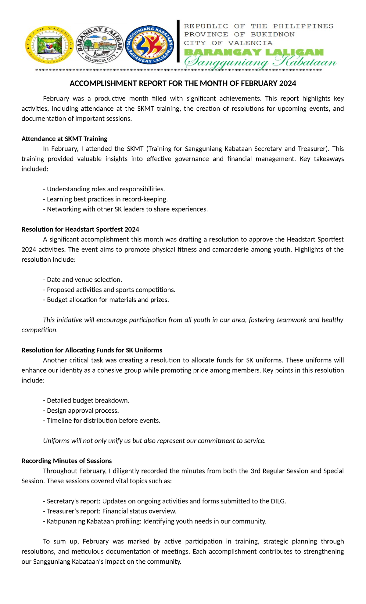 ACCOMPLISHMENT REPORT - FEBRUARY 2024: SKMT Training & Resolutions ...