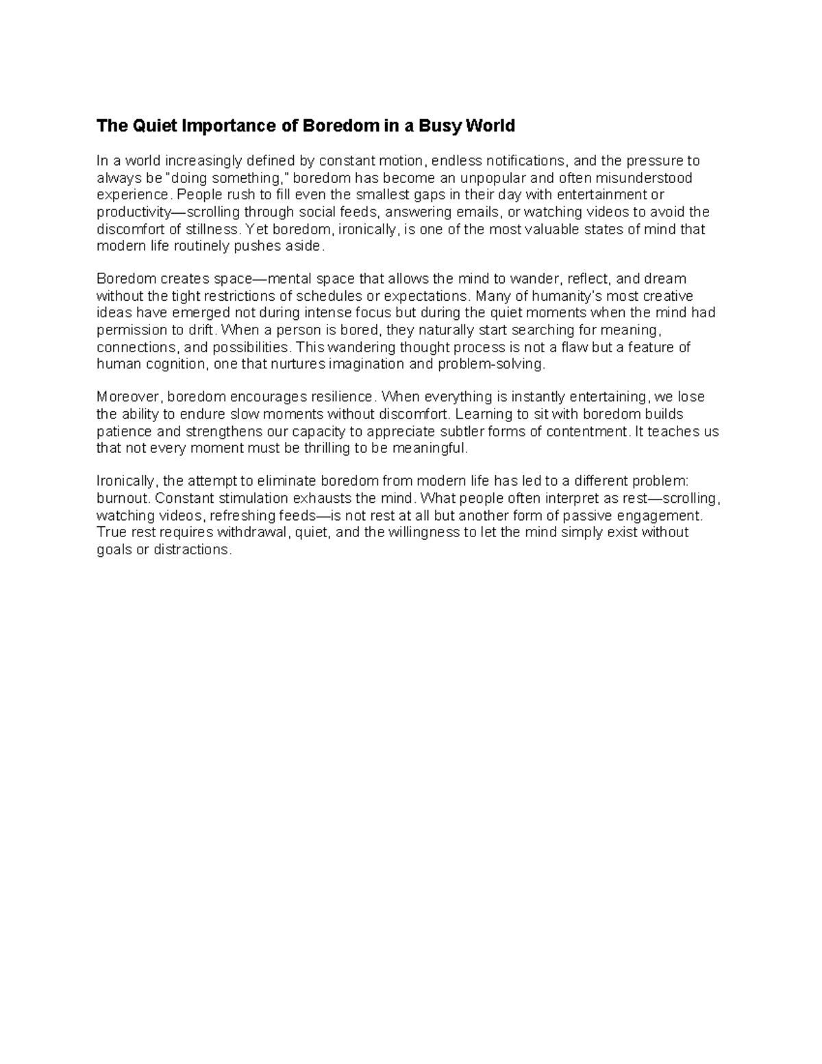 The Value of Boredom in a Fast-Paced World - Studocu