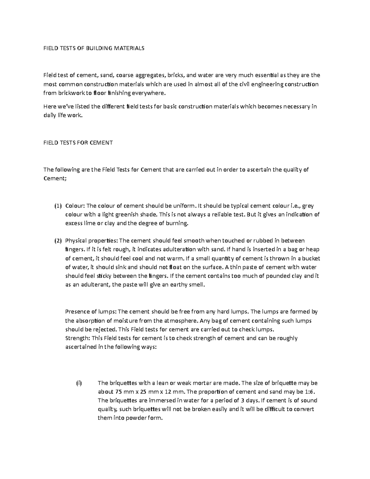 Document - different field tests for construction materials - FIELD ...