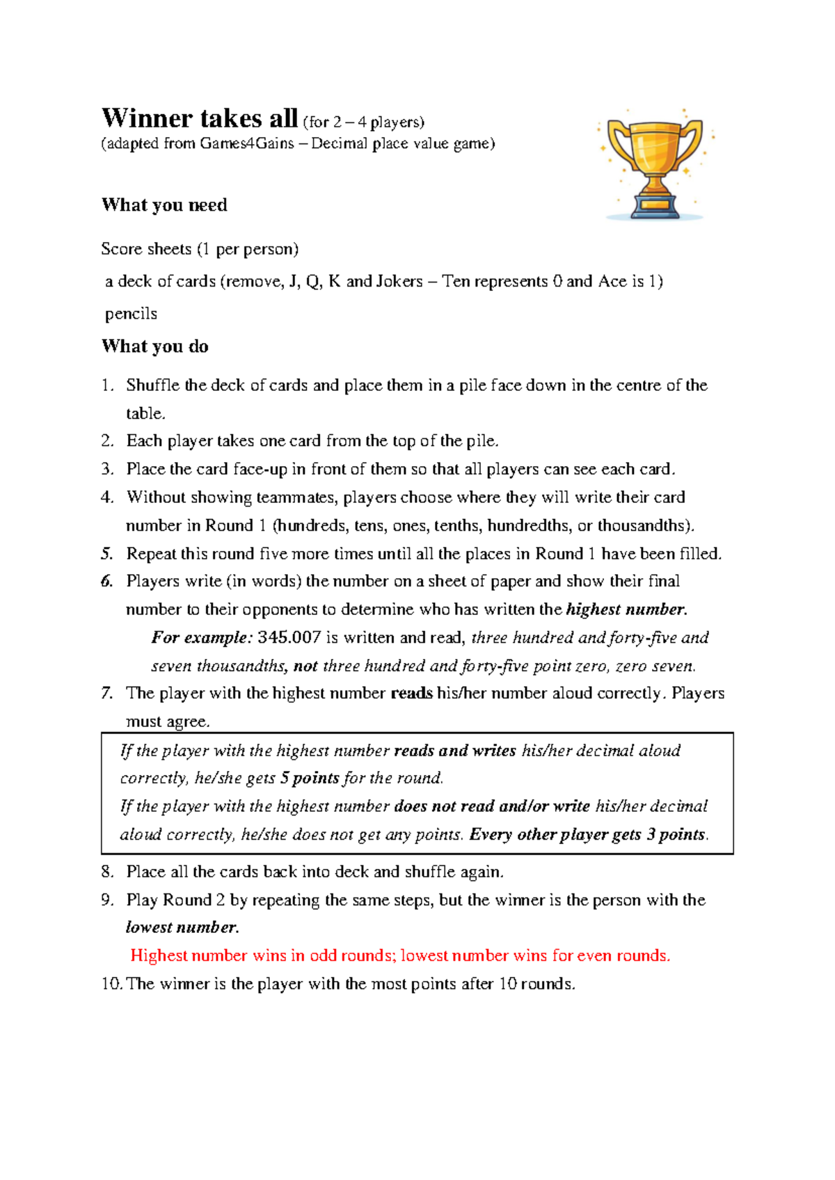Decimal Place Value Game: Winner Takes All for 2-4 Players - Studocu