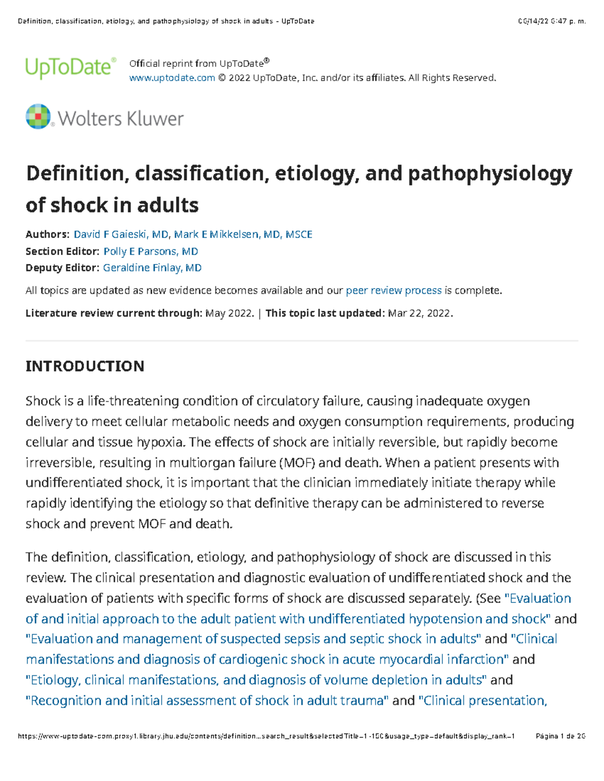 Understanding Shock: Definition, Classification, Etiology ...