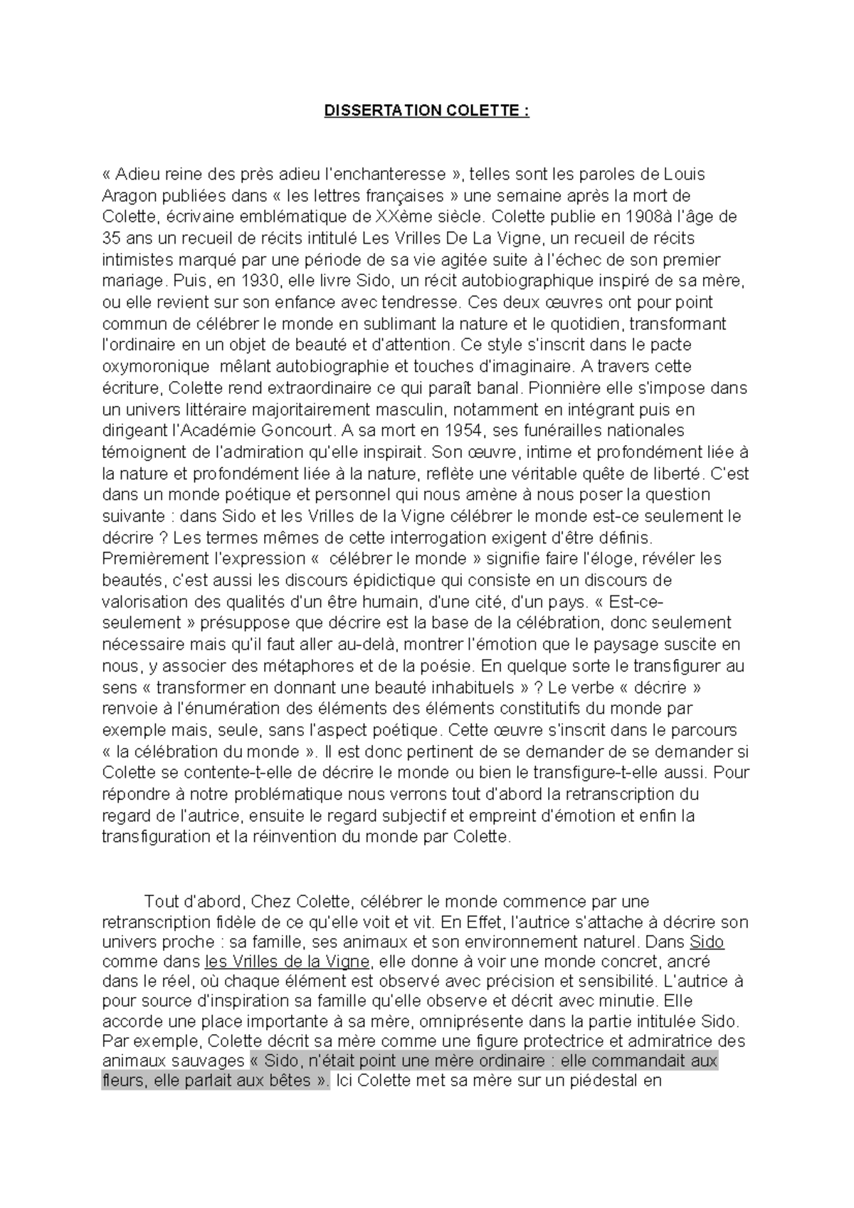 Dissertation sur Colette : Célébration du Monde dans Sido et Les ...