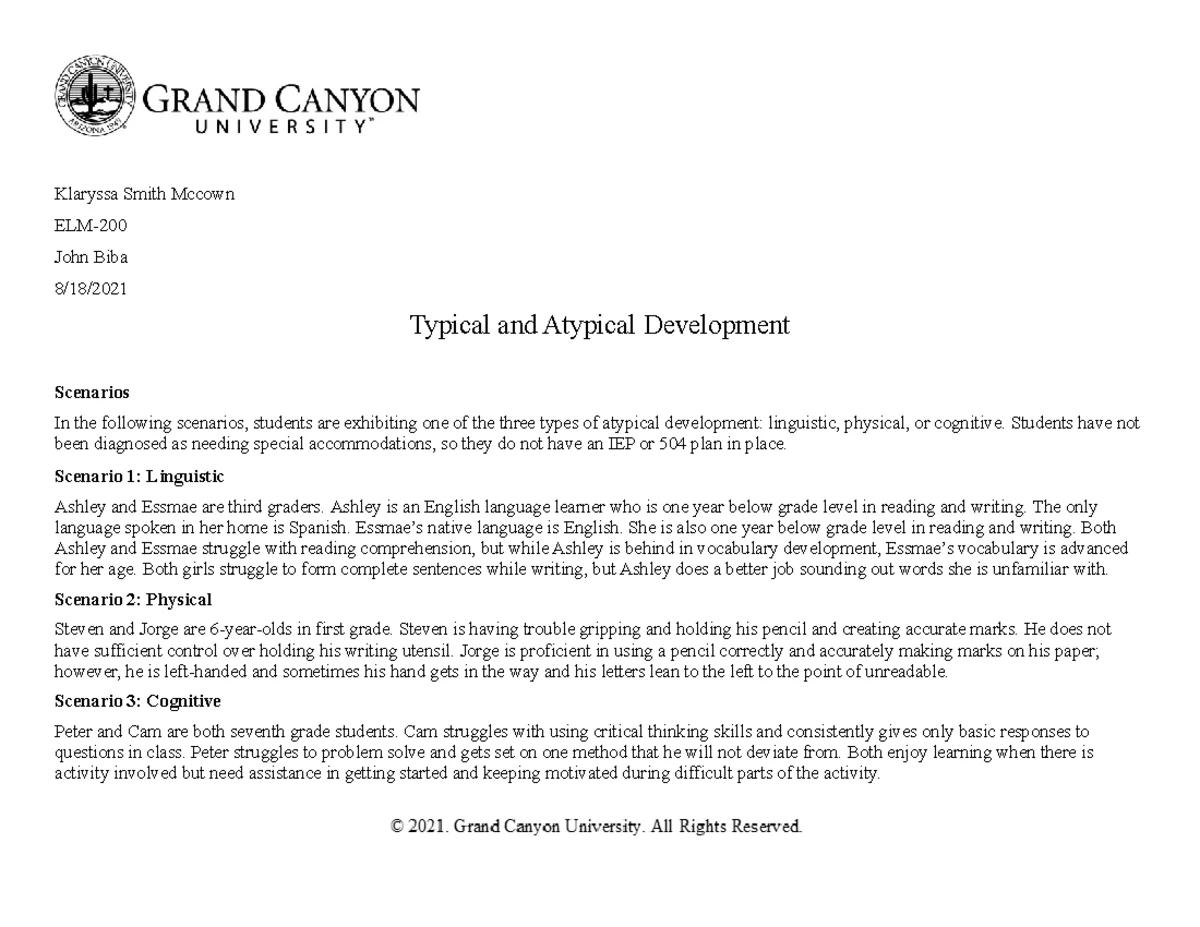 Typical and Atypical Development Scenarios: Assessment Strategies for ...