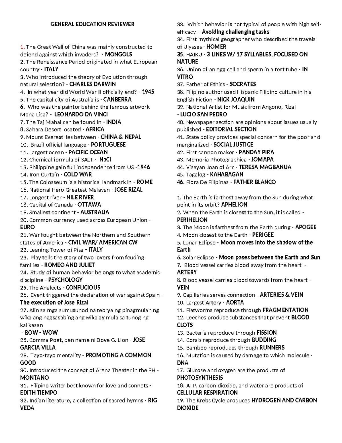 General Education Reviewer: Key Concepts and Historical Facts - Studocu