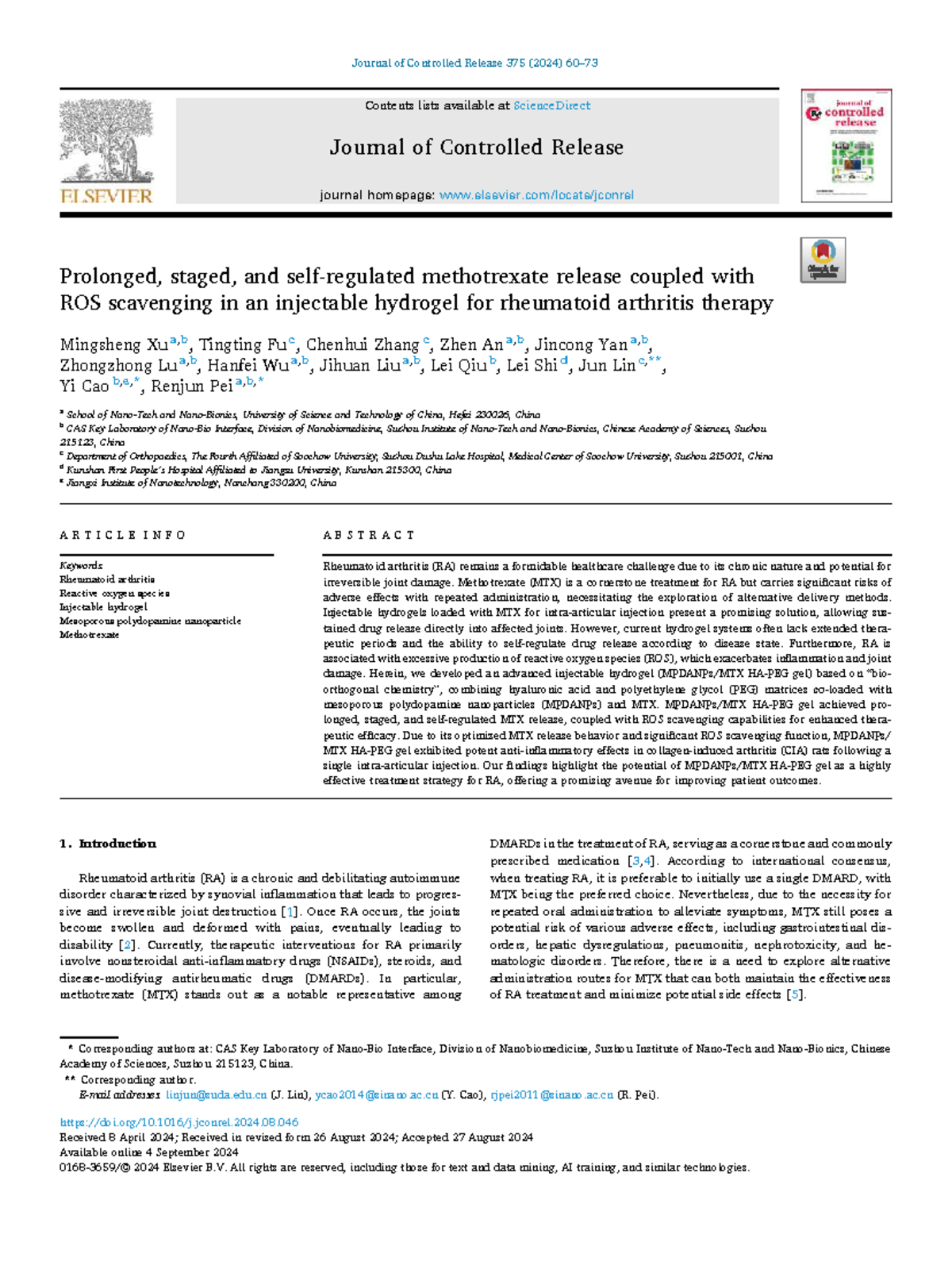 Prolonged and Staged MTX Release in Injectable Hydrogel for RA Therapy ...