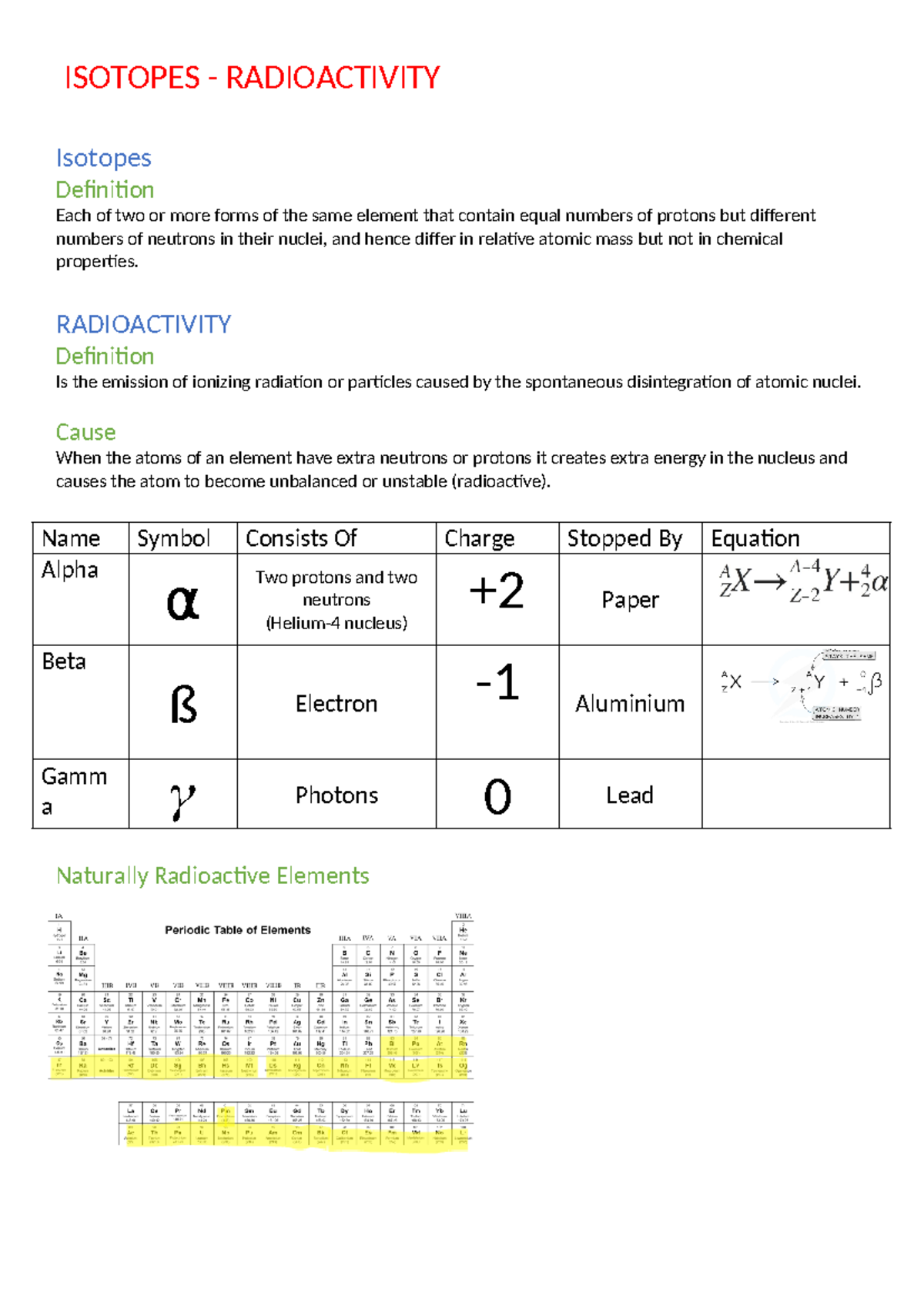 Chemistry Module 1 yr11 - ISOTOPES - RADIOACTIVITY Isotopes Definition ...