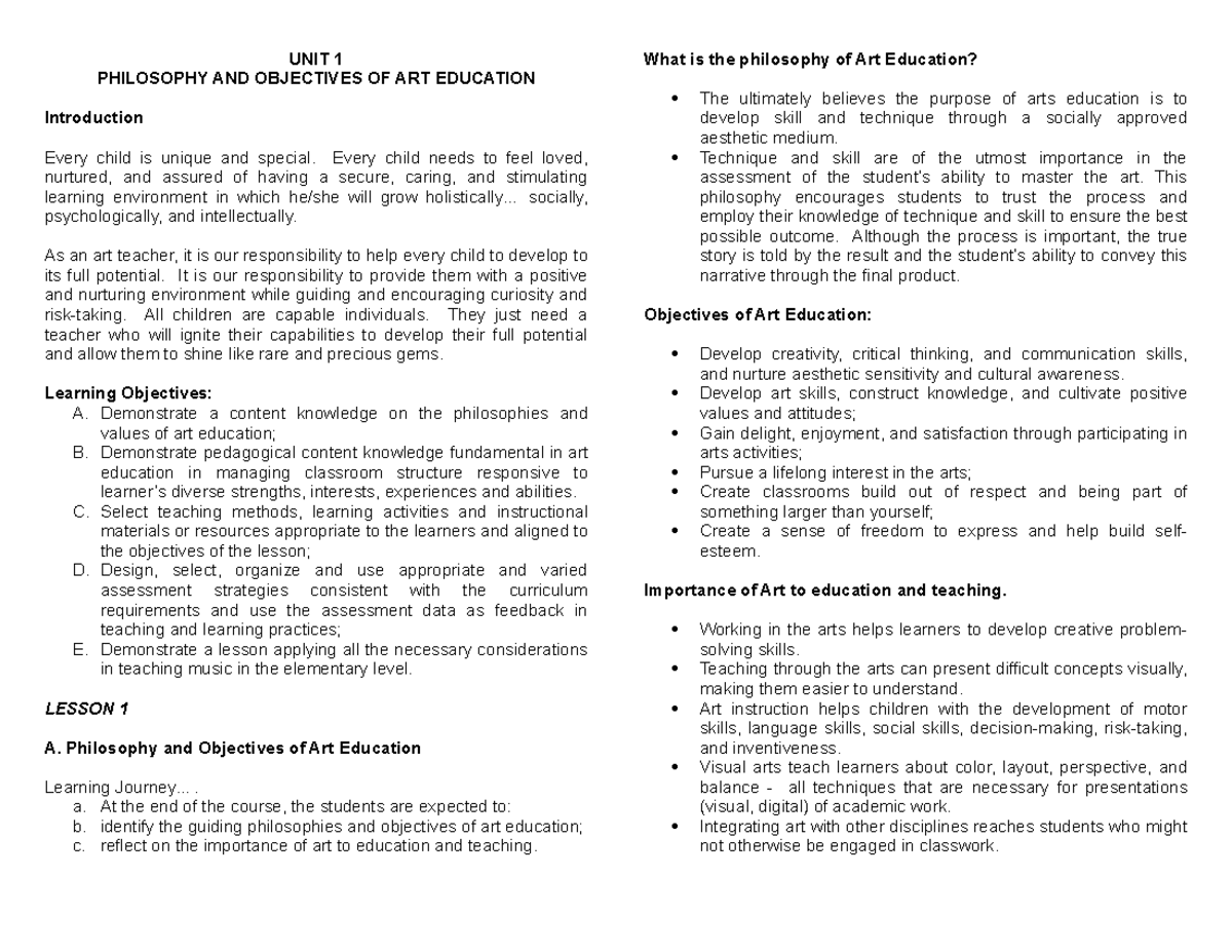 Lesson 1 - ARTS: Philosophy and Objectives of Art Education - Studocu