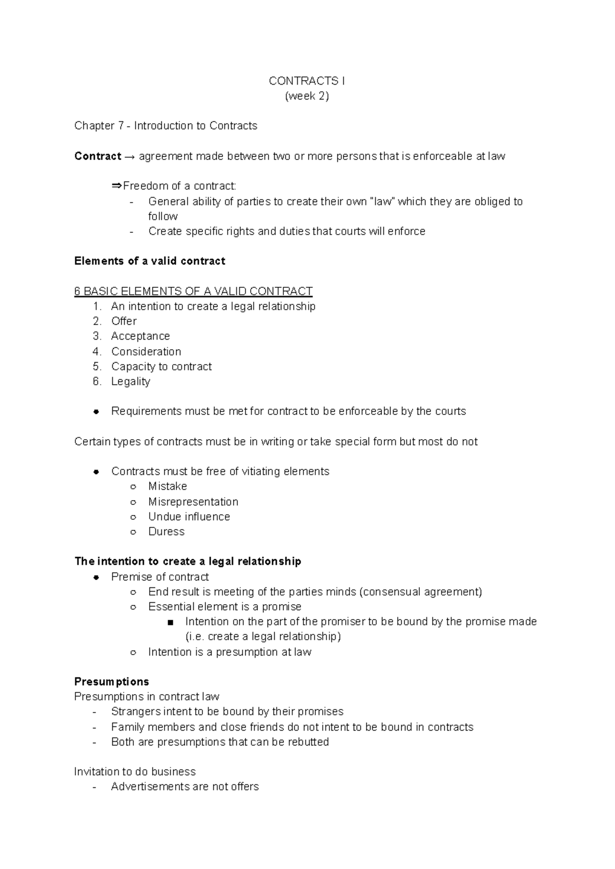 WEEK 2 - CONTRACTS I - Chapter 7 & 8 Overview and Key Concepts - Studocu