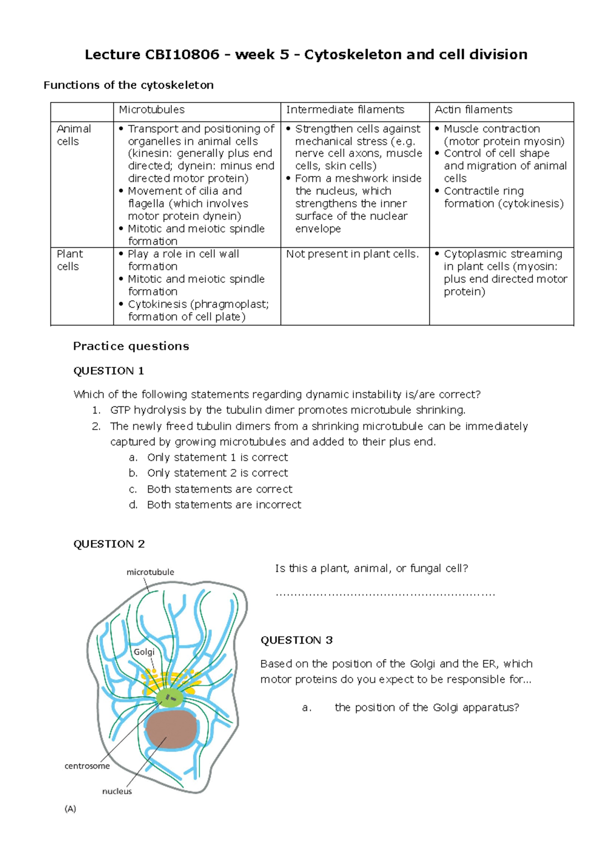 CBI10806 - Week 5 Lecture on Cytoskeleton & Cell Division Practice ...