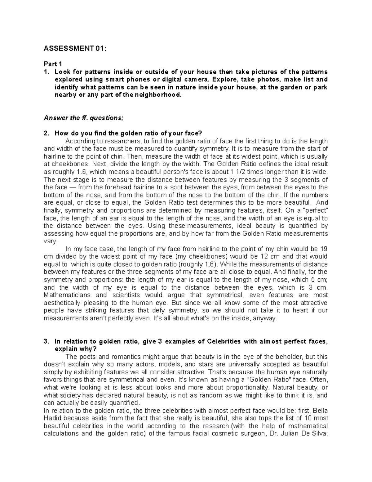 Assessment 01 MMW - ASSESSMENT 01: **Part 1 Look for patterns inside or ...