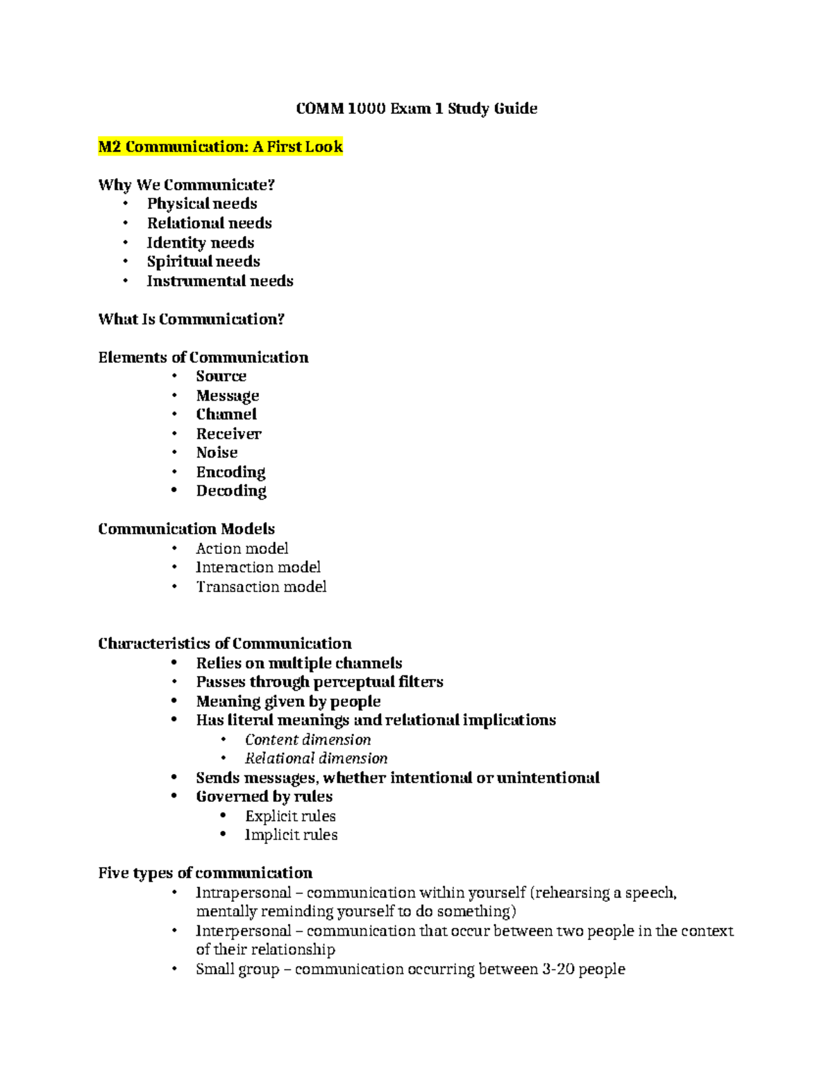 COMM M2 Exam 1 Study Guide: Key Concepts in Communication - Studocu