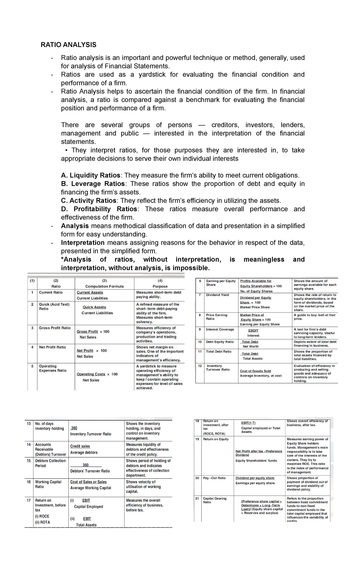 Ratio Analysis Reviewer - RATIO ANALYSIS Ratio analysis is an important ...