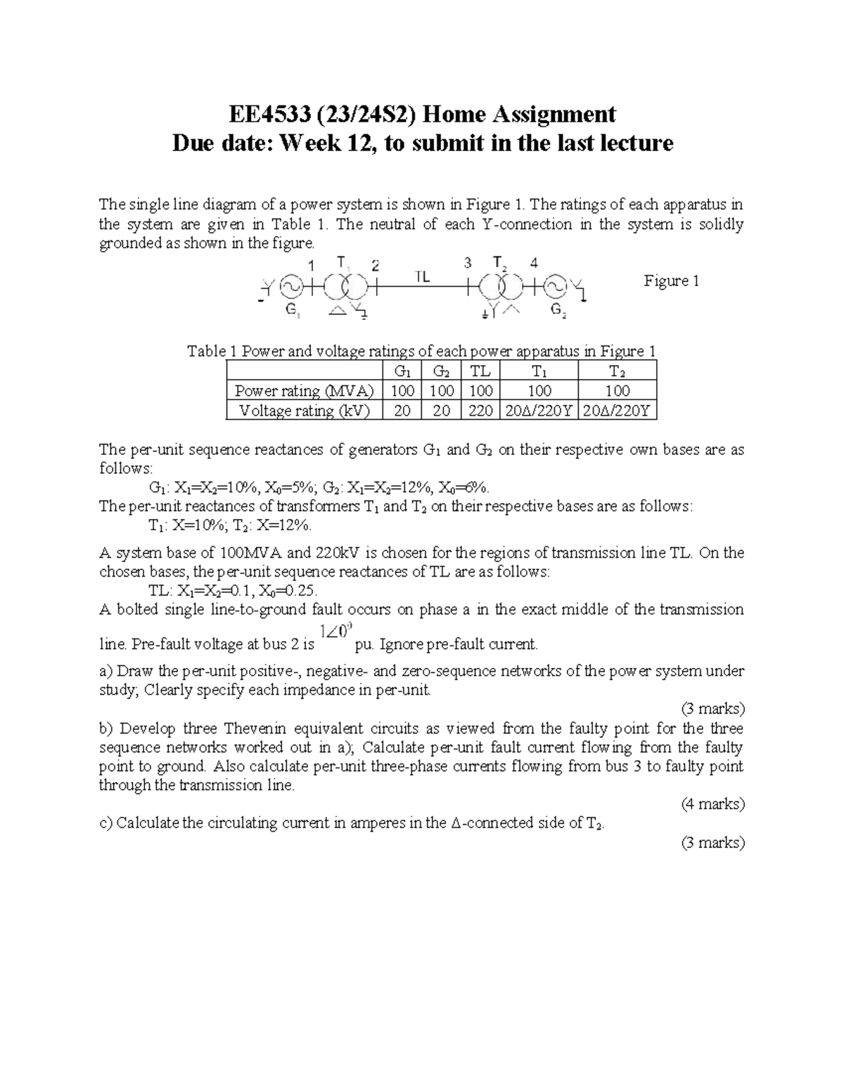 EE4533 Home Assignment: Power System Fault Analysis and Calculations ...