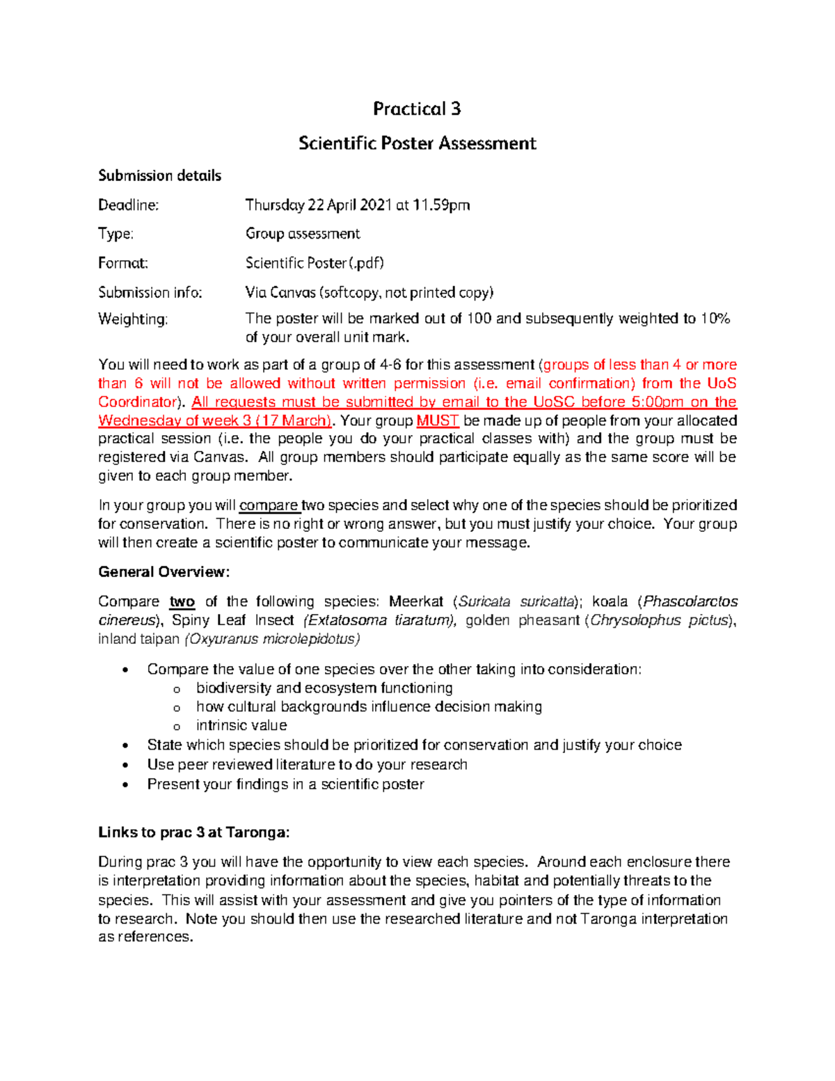 P3 Taronga Zoo scientific poster - The poster will be marked out of 100 ...