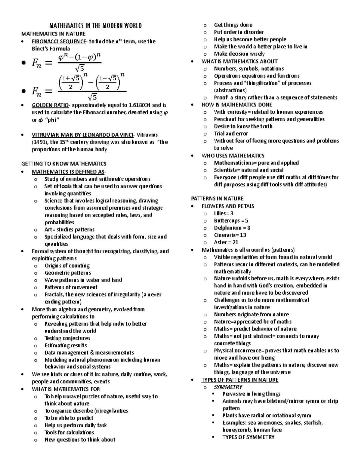 MMW 101 Midterm Notes: Exploring Mathematics in Nature and Patterns ...