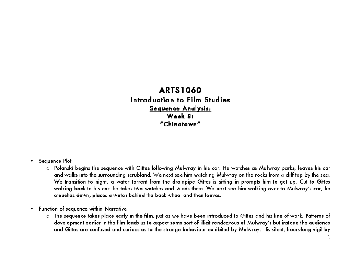 ARTS1060 Sequence Analysis: Exploring Polanski's "Chinatown" - Studocu