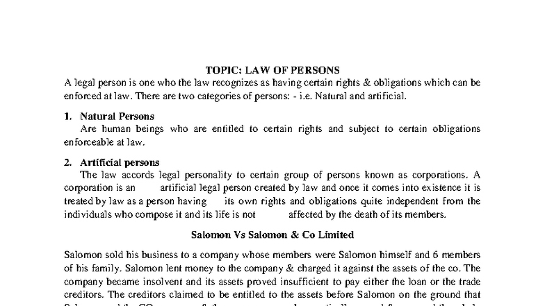 LAW OF PERSONS: Natural and Artificial Entities Explained (LAW101 ...