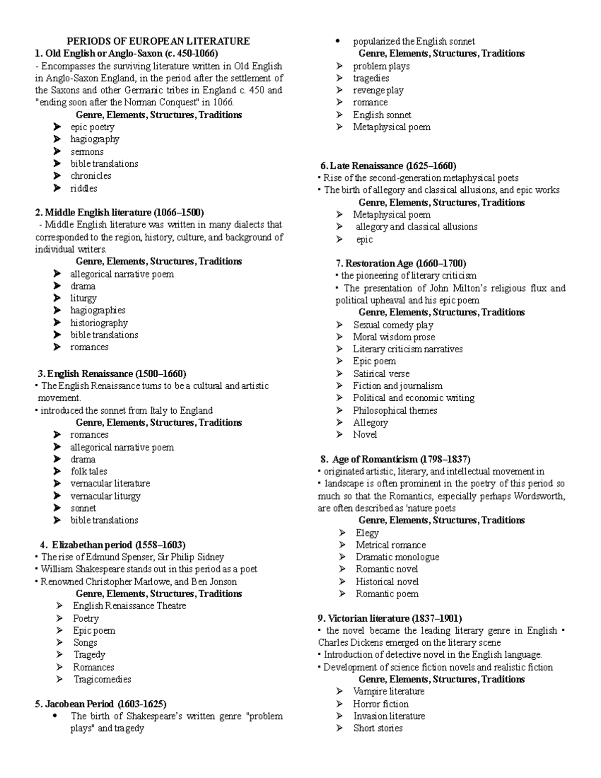 Periods of European Literature - PERIODS OF EUROPEAN LITERATURE Old ...