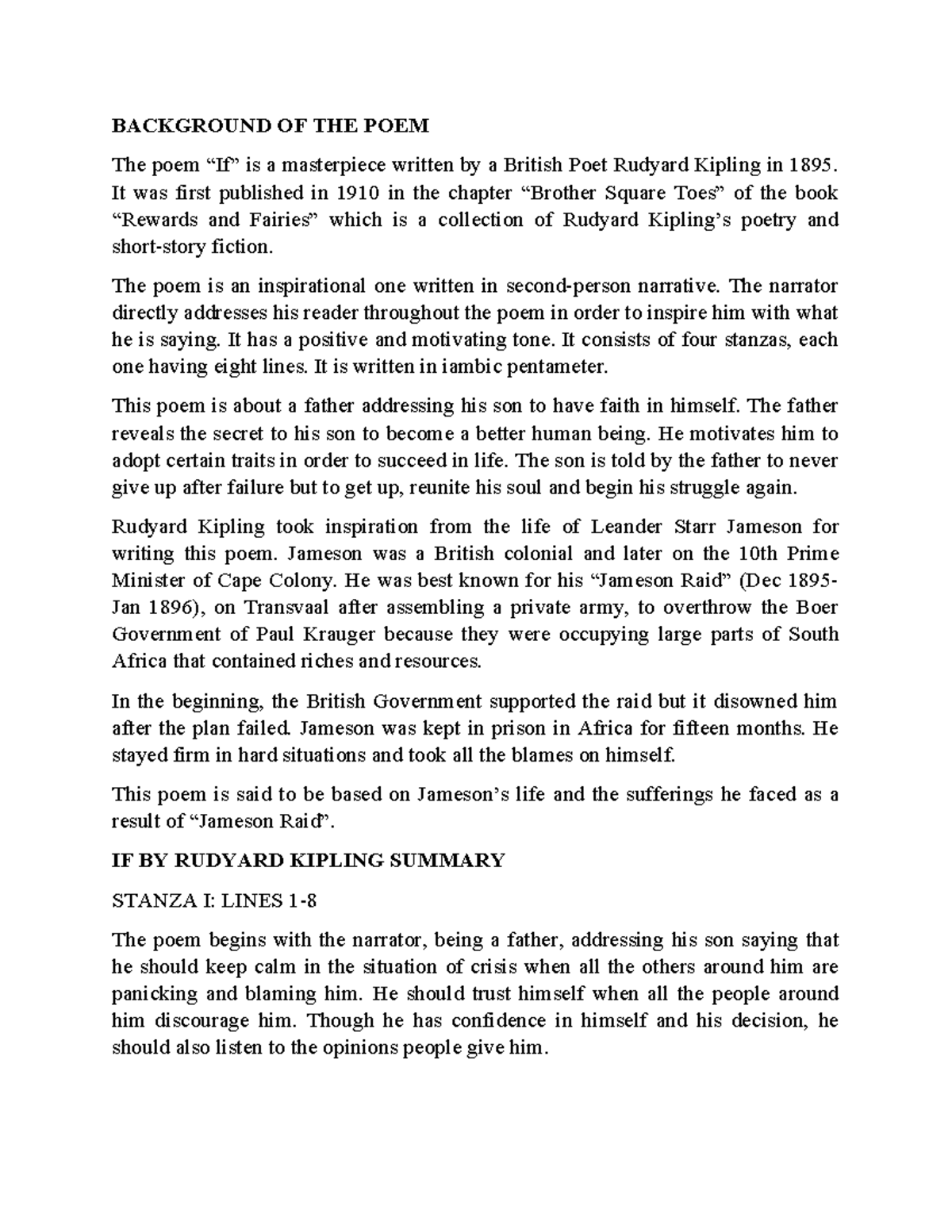 If by Ruyard Kipling - if poem - BACKGROUND OF THE POEM The poem “If ...