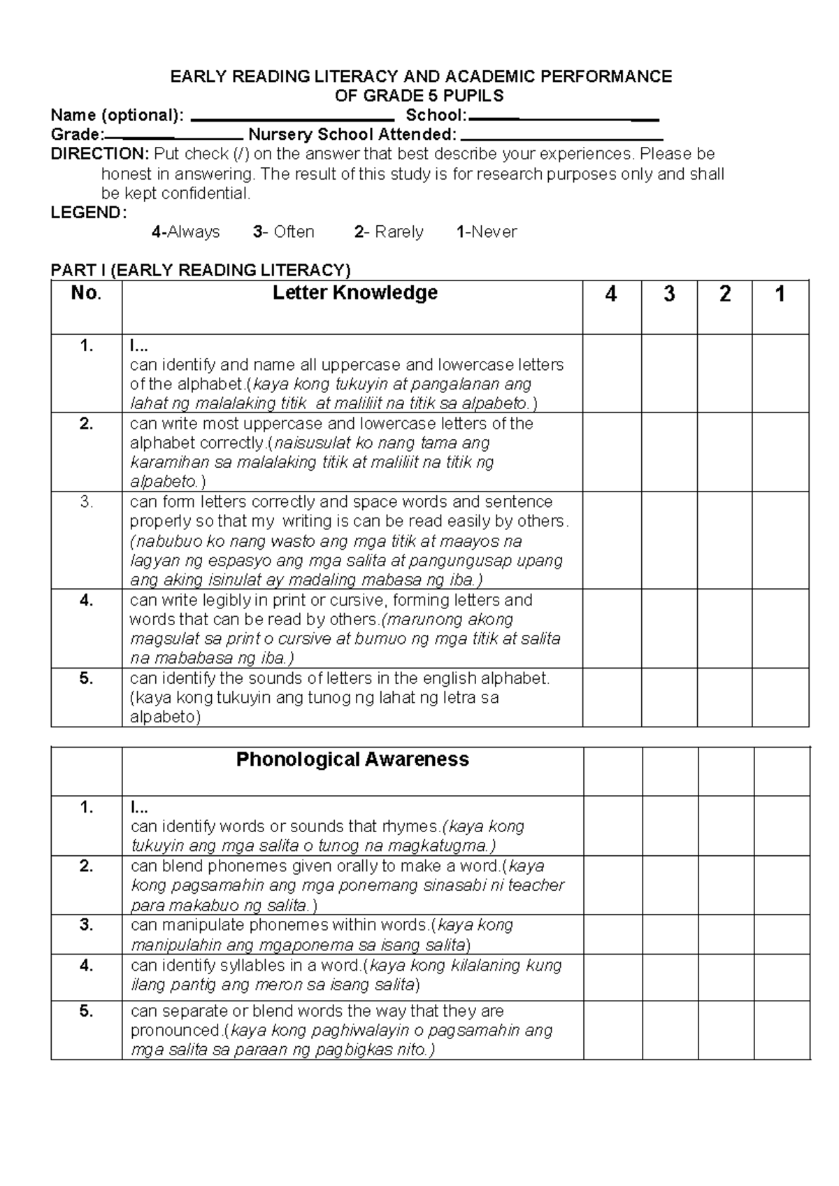 New questionnaire - EARLY READING LITERACY AND ACADEMIC PERFORMANCE OF ...