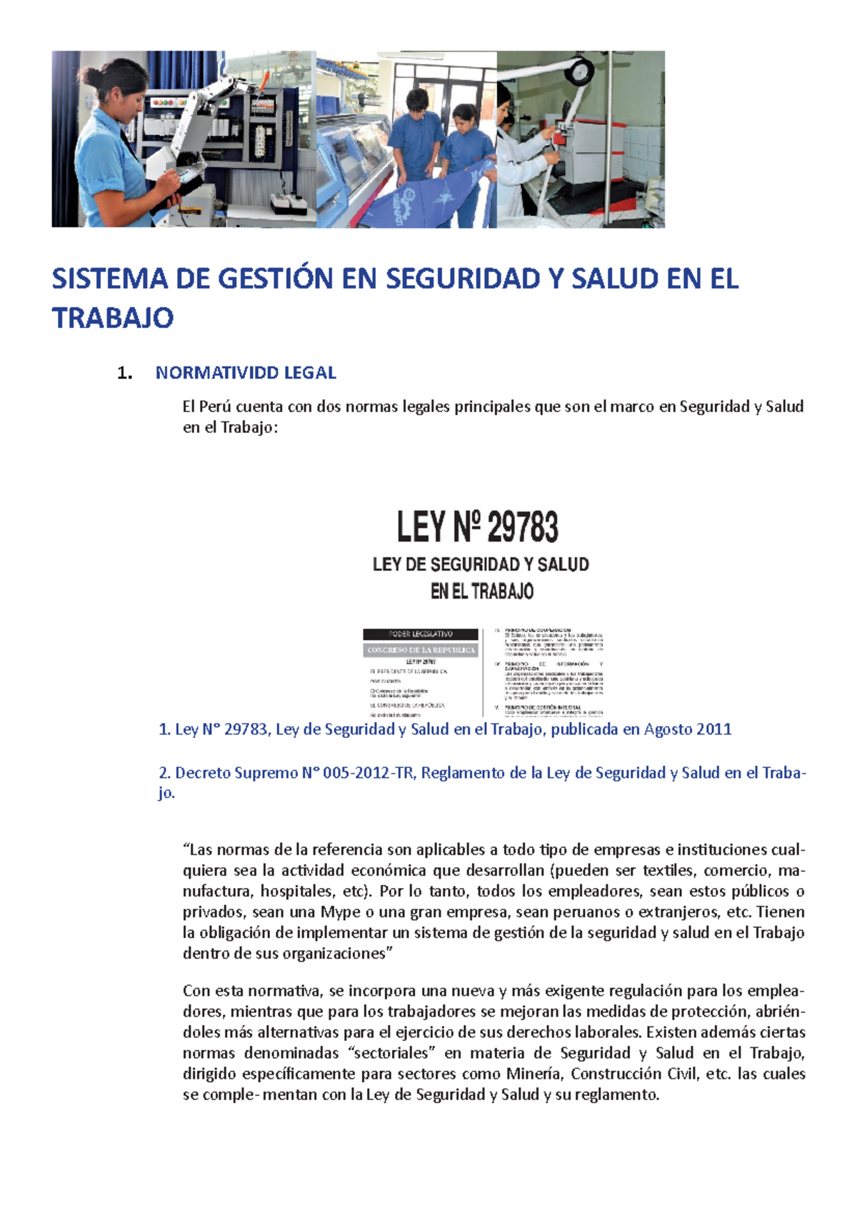 Ley 29783 - Sistema de Gestión en Seguridad y Salud en el Trabajo - Studocu