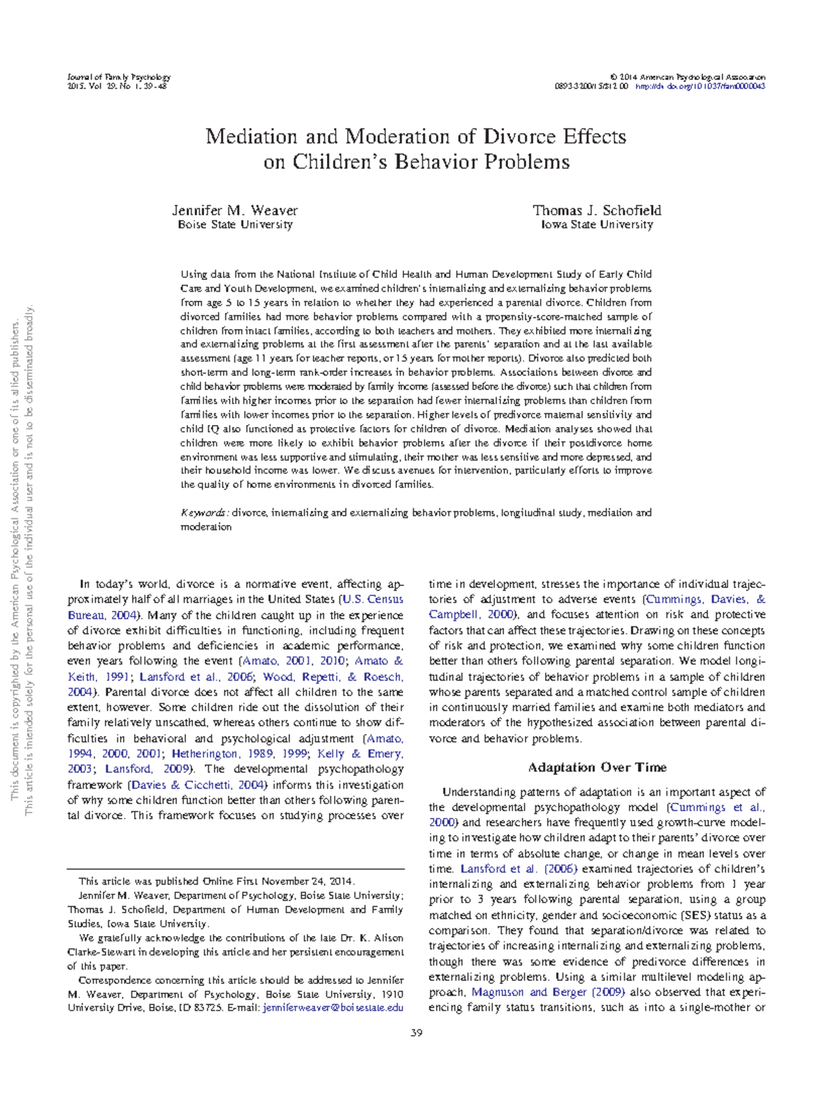 Mediation and moderation of di - Mediation and Moderation of Divorce ...