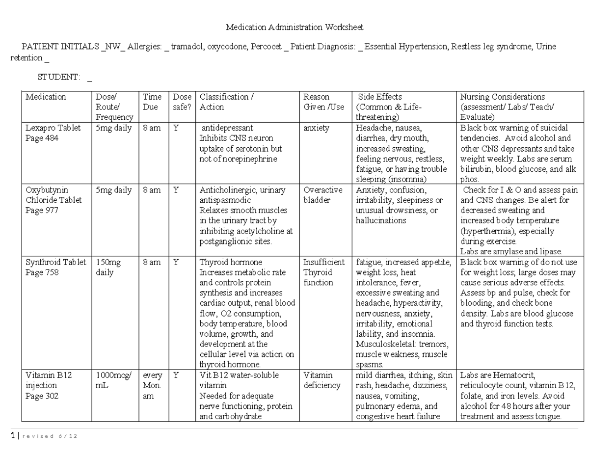 117 Med worksheet 11-7-22 1 - Medication Administration Worksheet ...