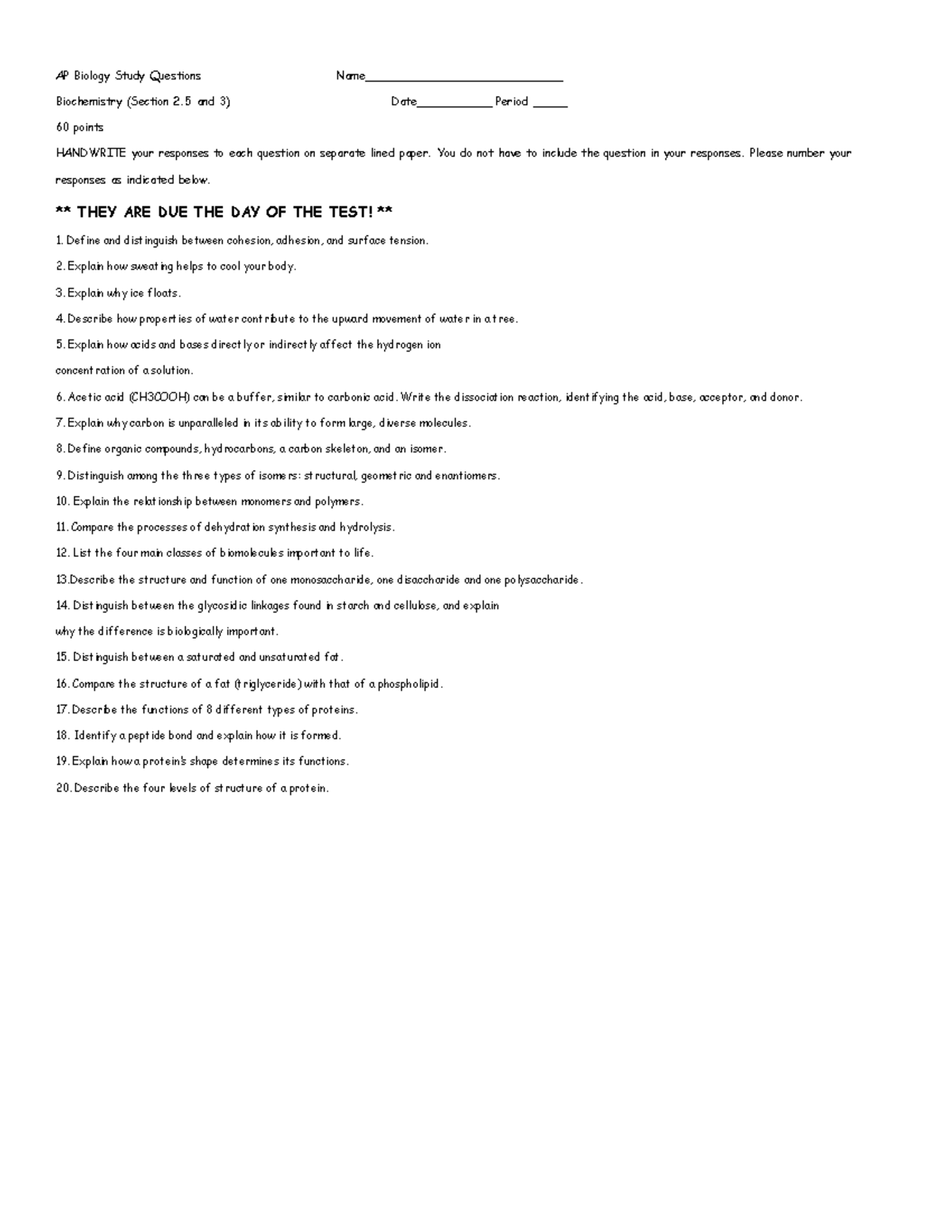 AP Biology Study Questions: Biochemistry (Sections 2.5 & 3) - Studocu