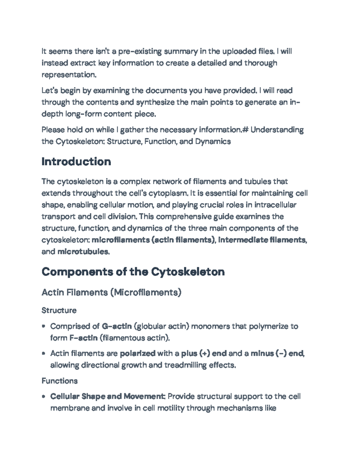 Understanding the Cytoskeleton: Structure, Functions, & Dynamics - It seems there isn't a - Studocu