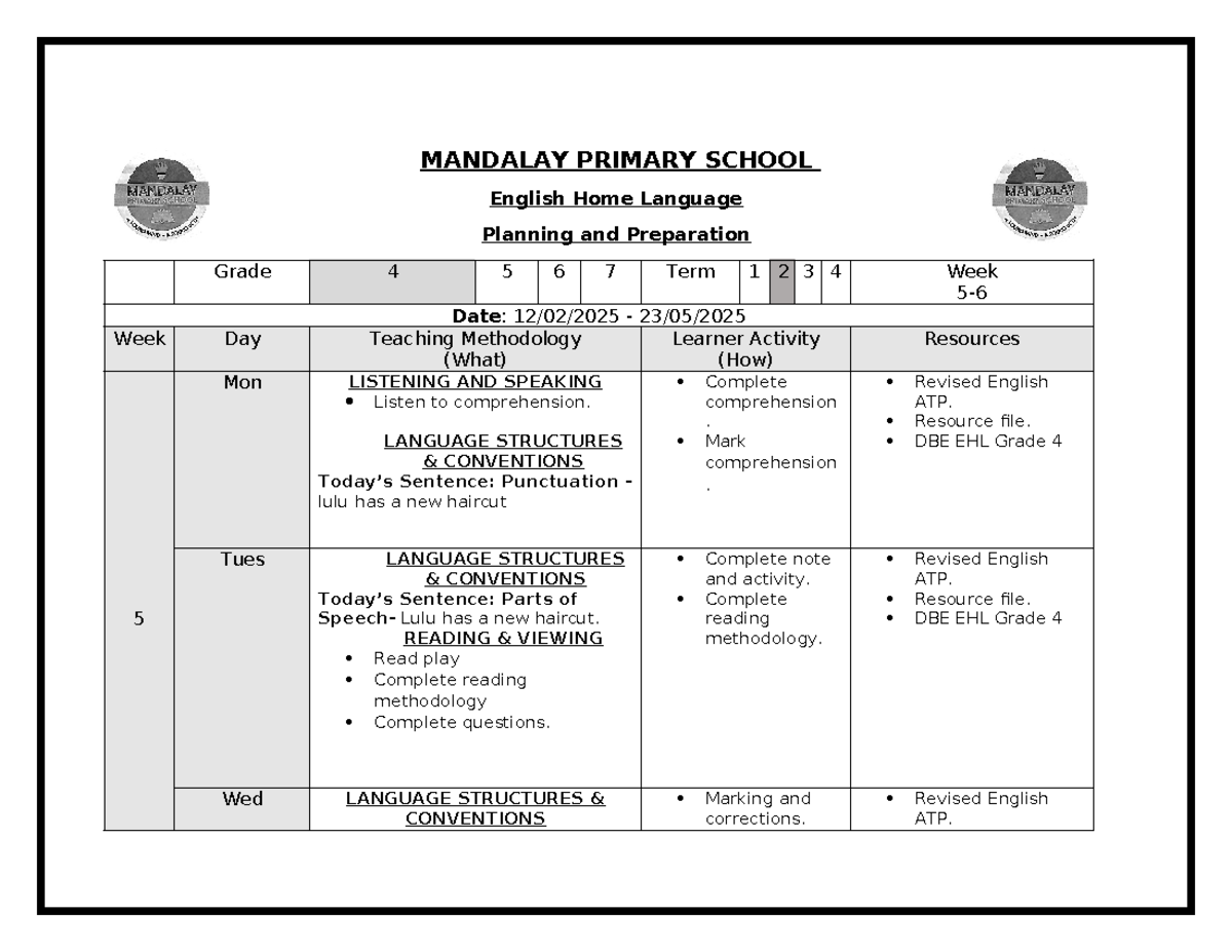 5-6 - ENGLISH LESSON PLAN - MANDALAY PRIMARY SCHOOL English Home ...