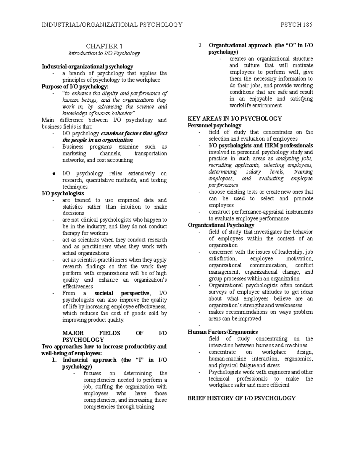 I/O PSYCH 185: Chapter 1 - Introduction to Industrial-Organizational ...
