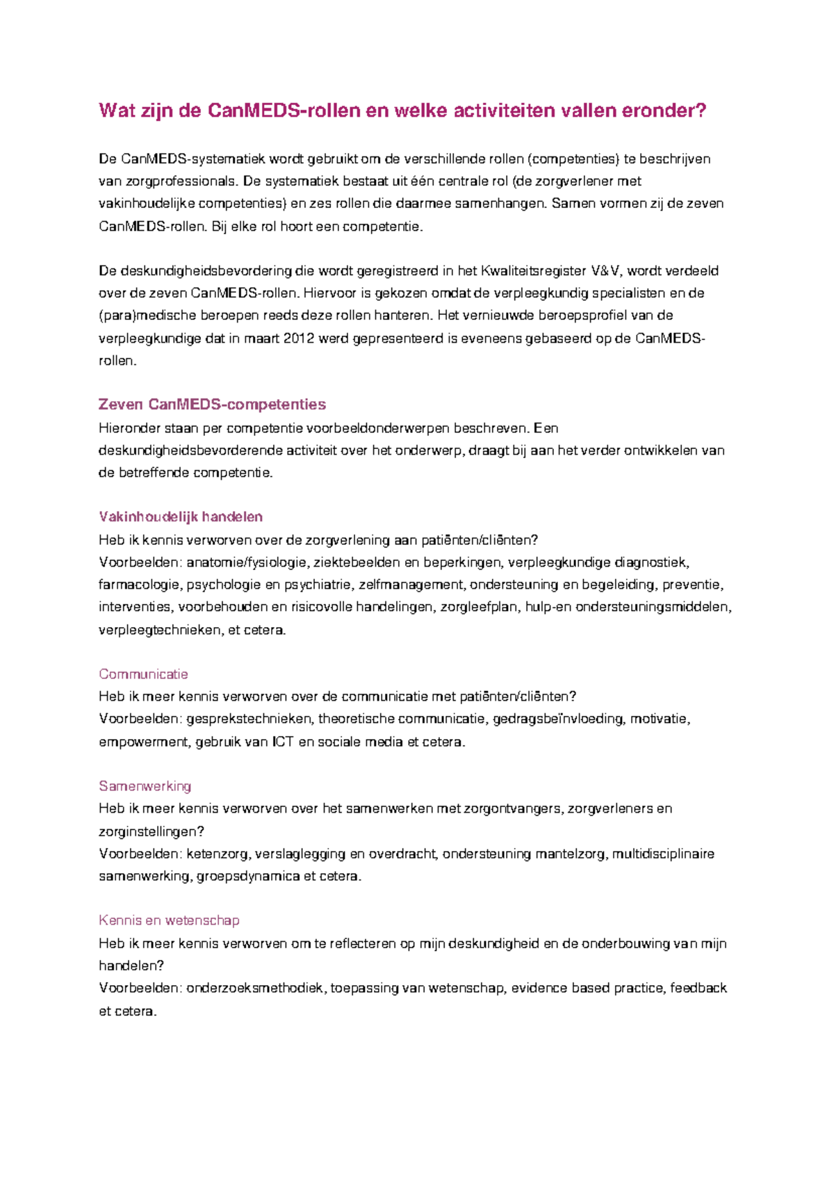 CanMEDS: Rollen en Activiteiten binnen de Zorgverlening - Studeersnel