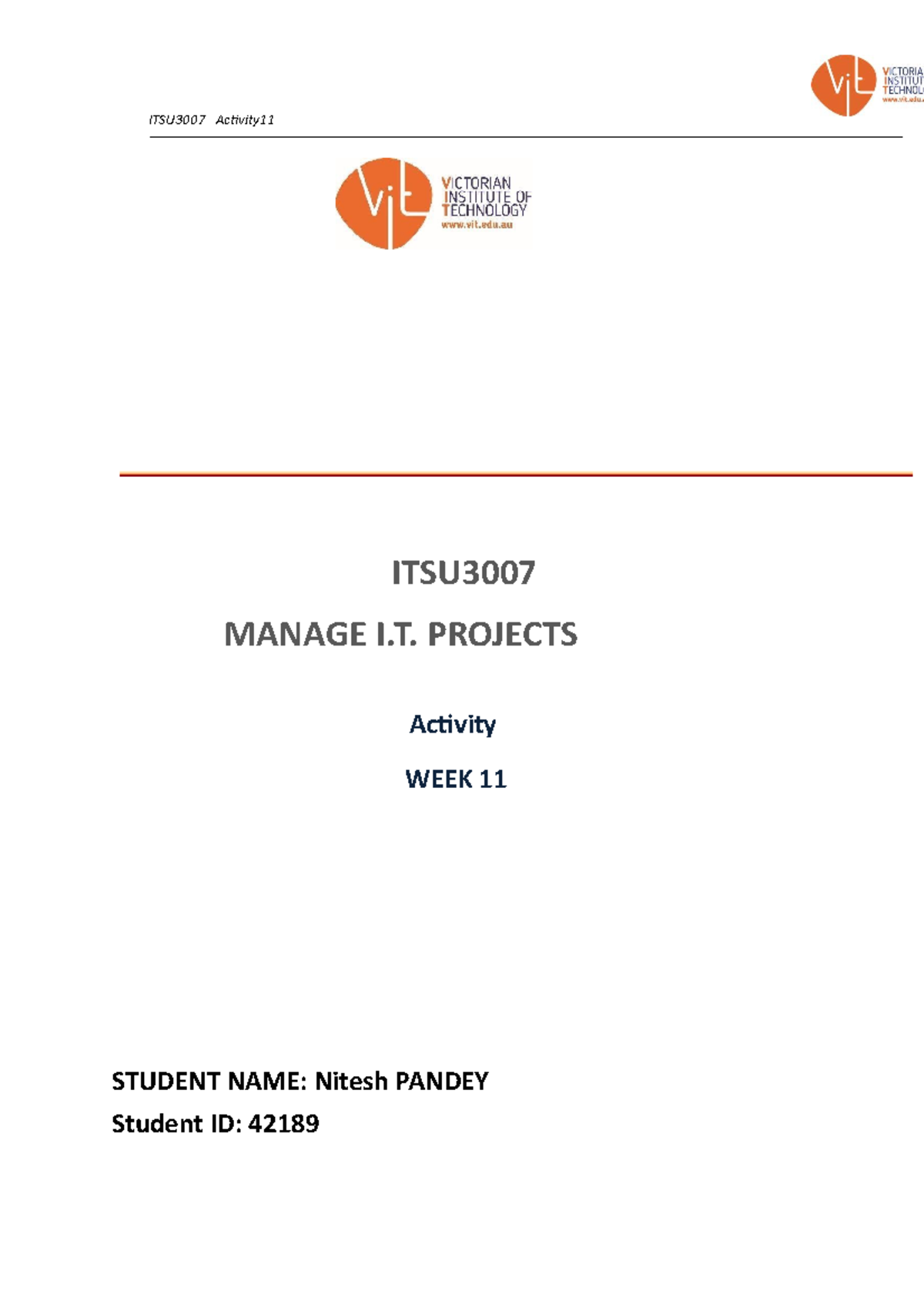 ITSU3007 42189 Tutorial 11 - ITSU MANAGE I. PROJECTS Activity WEEK 11 ...