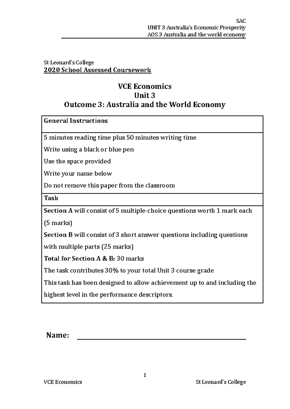 VCE Economics Unit 3 SAC: Economic Prosperity AOS 3 Australia & World ...