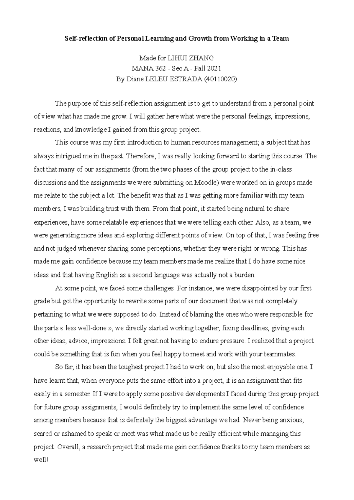 Self-Reflection Assignment: Personal Growth in MANA 362 Group Project ...