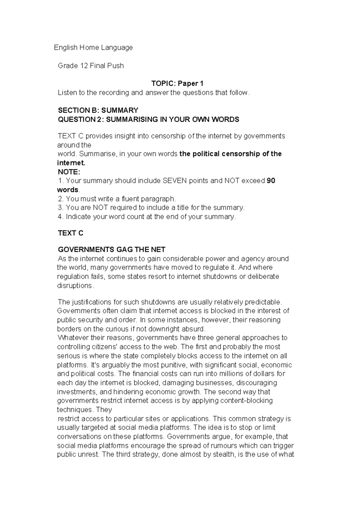 Eng HL Grade 12 Final Exam Paper 1 Worksheet Summary Focus - Studocu