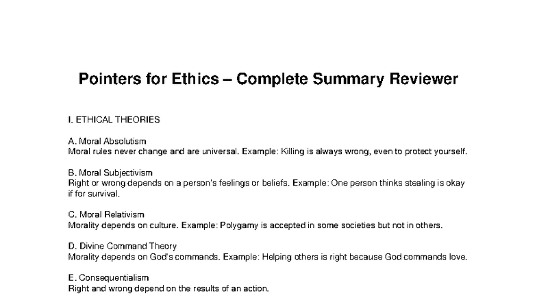 Ethics Reviewer Summary (ETH 101): Key Theories & Principles - Studocu