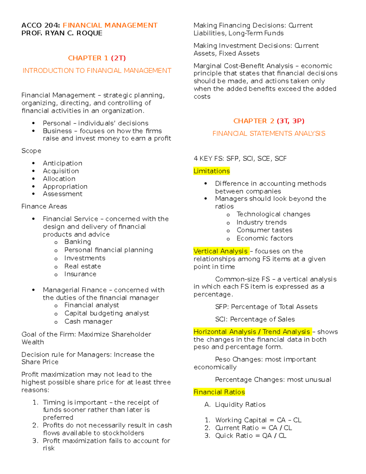 ACCO 204: Financial Management Chapters 1-8 Overview - Studocu
