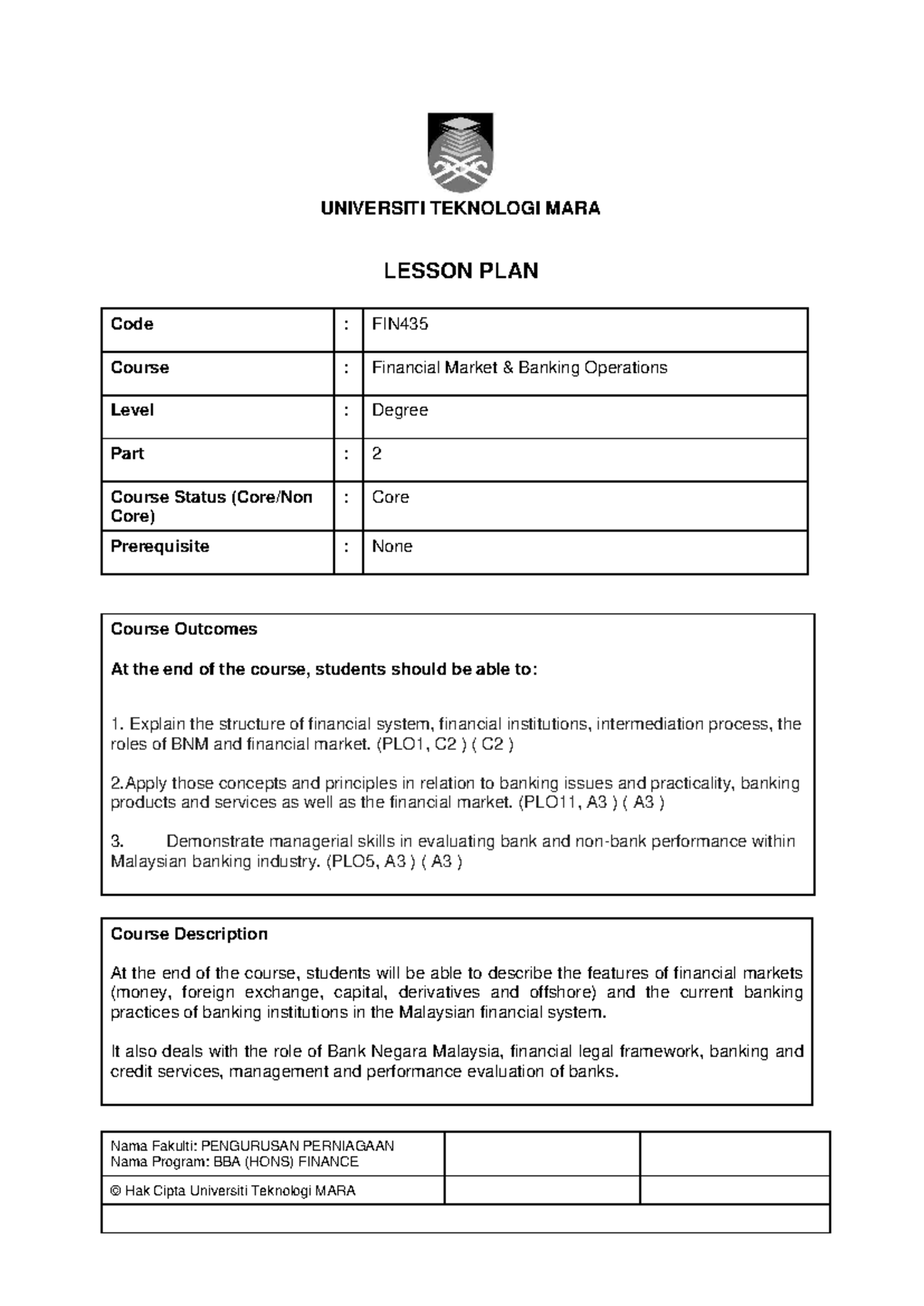 FIN435 - Comprehensive Lesson Plan for Financial Market & Banking ...
