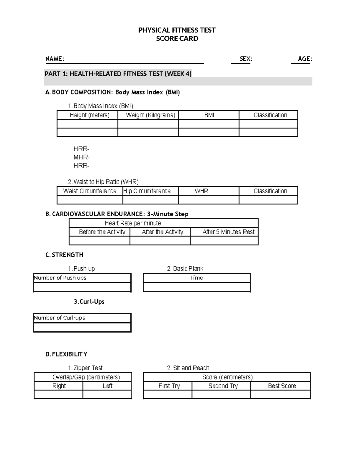 Score CARD FOR Physical Fitness TEST - PHYSICAL FITNESS TEST SCORE CARD ...