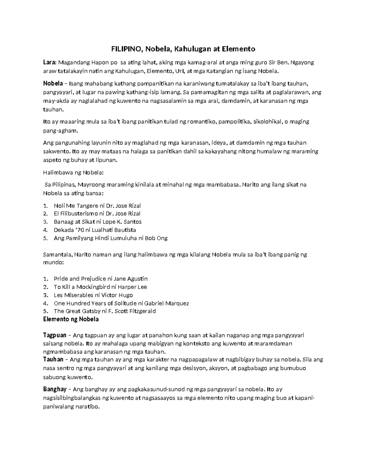 Kahulugan at Elemento ng Nobela sa Filipino: Isang Pagsusuri - Studocu