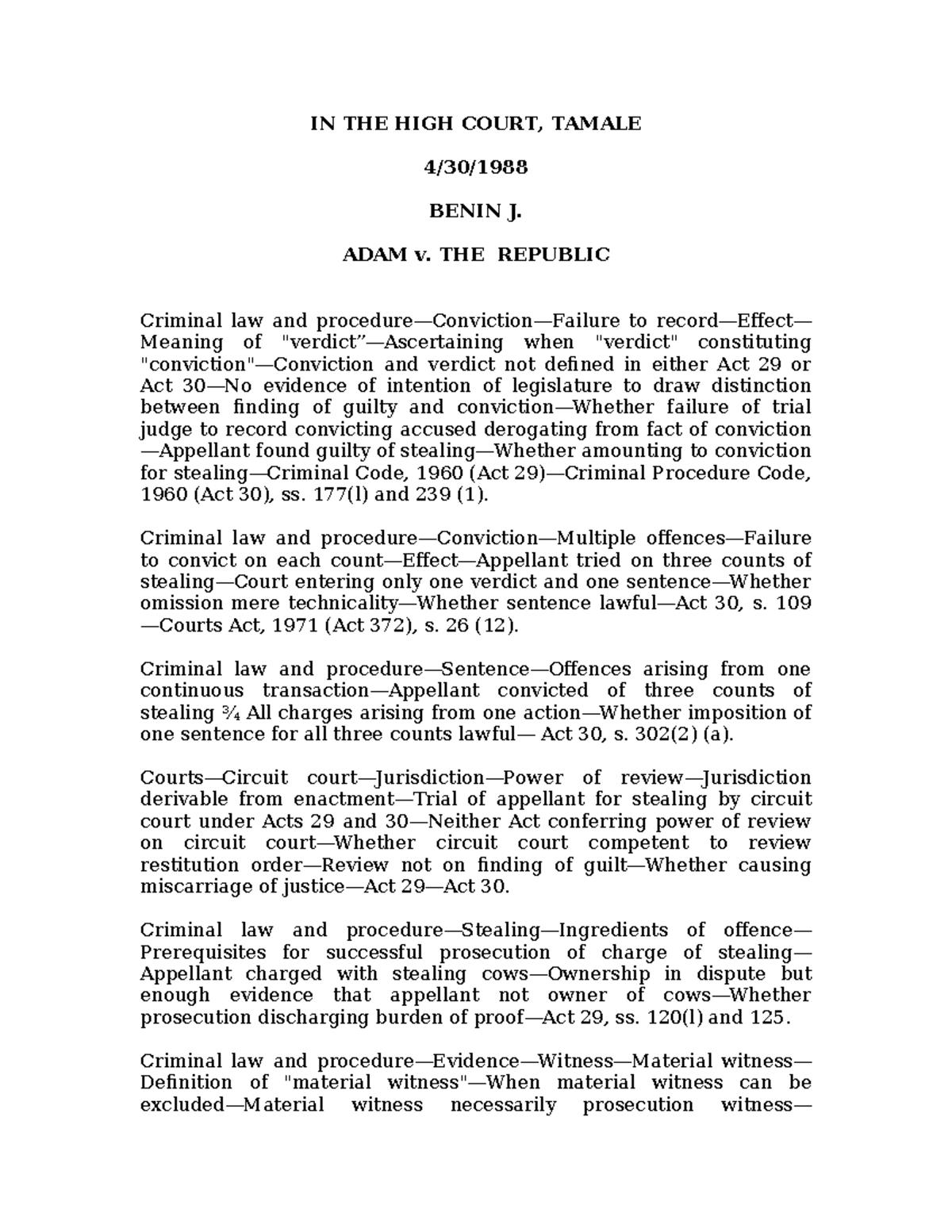 Adam v. Republic: Analysis of Criminal Conviction and Procedure - Studocu