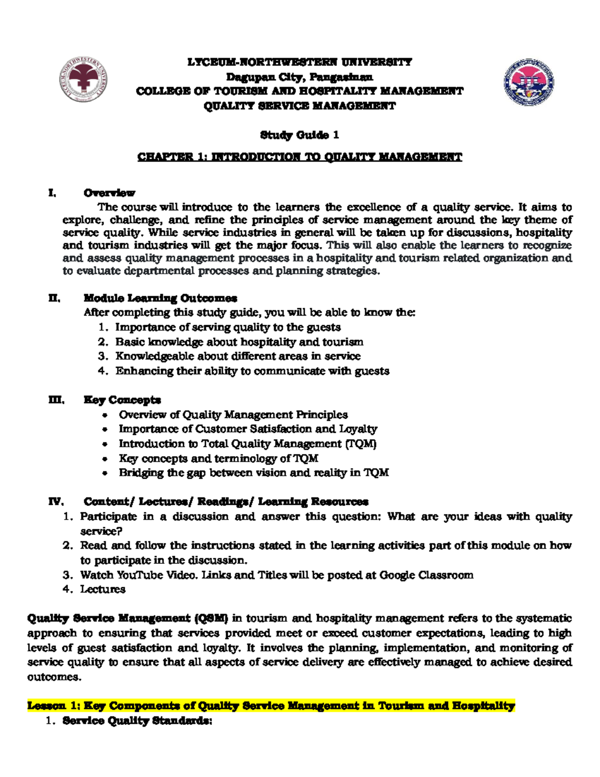 QSM NEW SG 1 Prelim - QUALITY SERVICE MANAGEMENT - LYCEUM-NORTHWESTERN ...