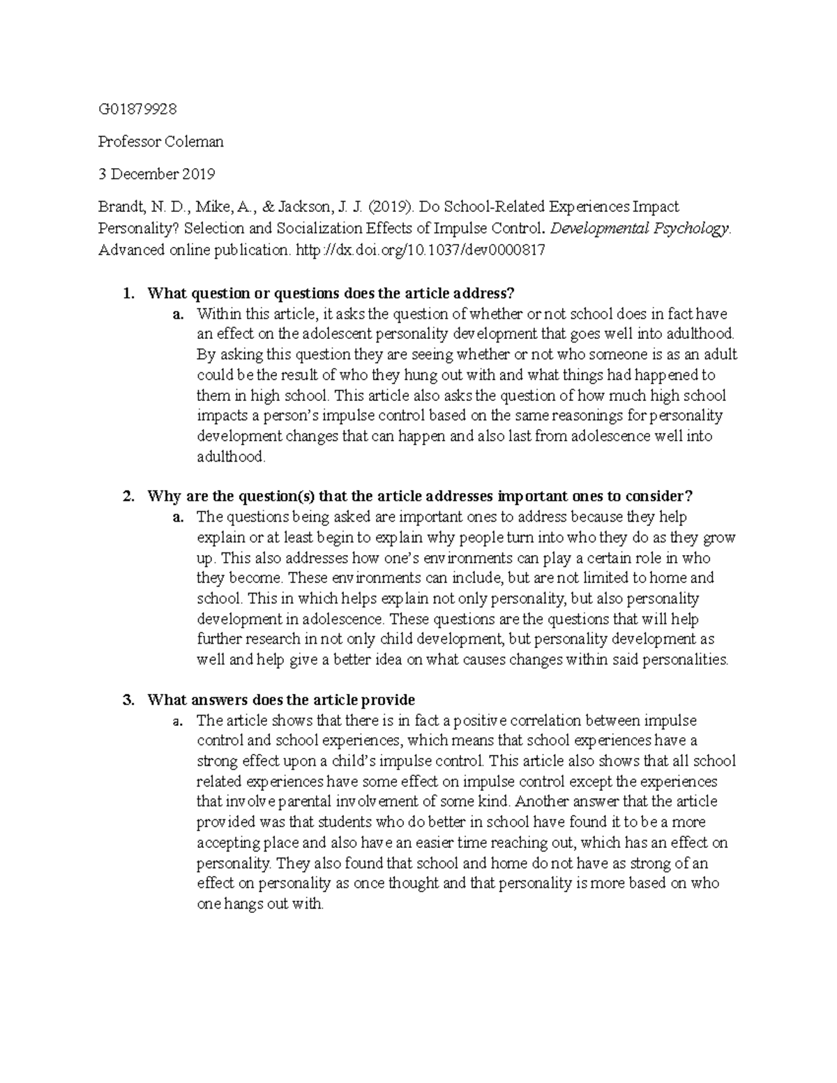 PSY Article Assignment 1 - G Professor Coleman 3 December 2019 Brandt ...
