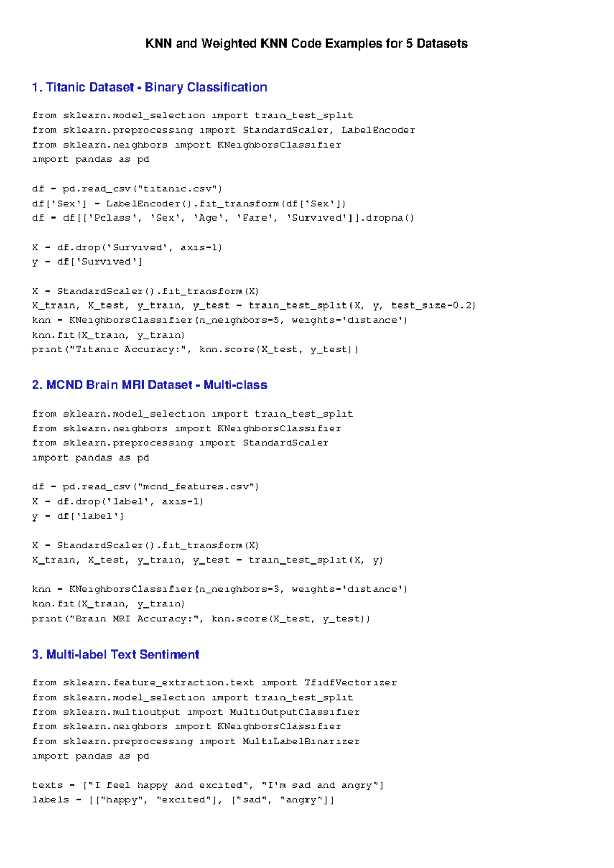 KNN & Weighted KNN Code Examples for 5 Datasets: Titanic & MRI - Studocu